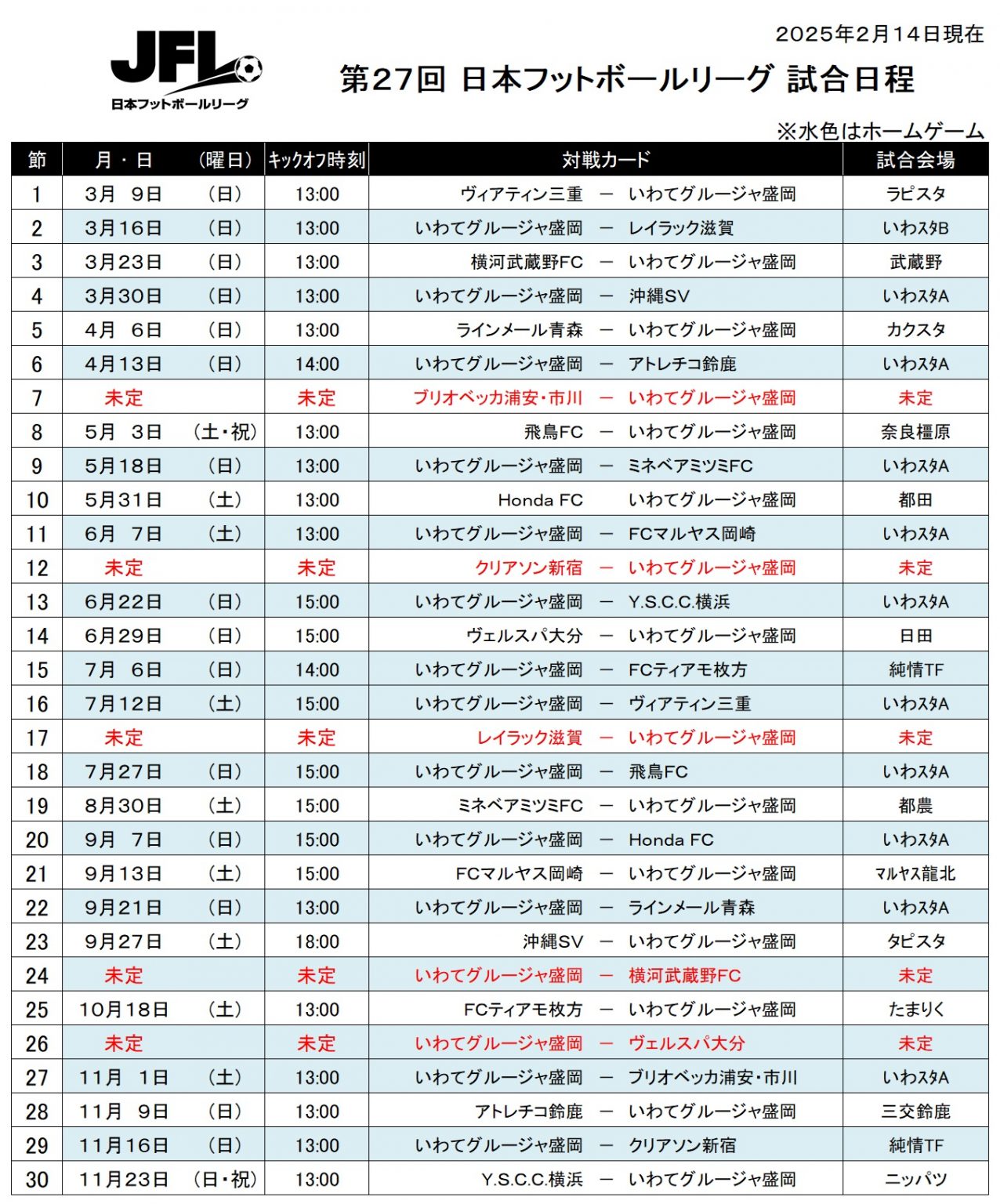 【試合情報】第27回 日本フットボールリーグ(JFL) 日程のお知らせ ｜ いわてグルージャ盛岡 オフィシャルサイト